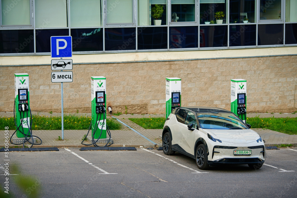 Minsk, Belarus. May 5, 2024. Electric car Zeekr X charging on parking ...