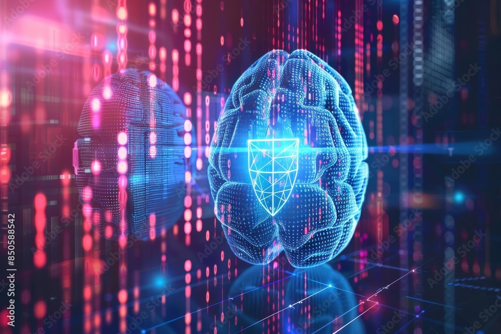 a human brain juxtaposed with a holographic AI brain, both connected by ...