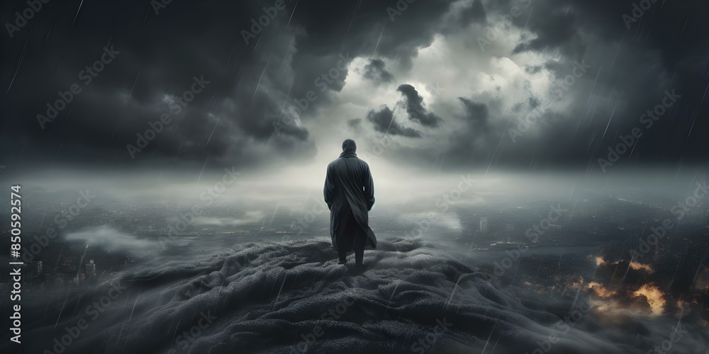 Strong figure in dark gray standing against storm symbolizing ...
