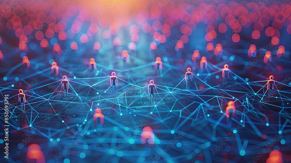 This image depicts an abstract concept of a network with glowing human ...