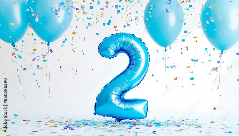 Decor setup for a second birthday bash, including balloons, confetti ...