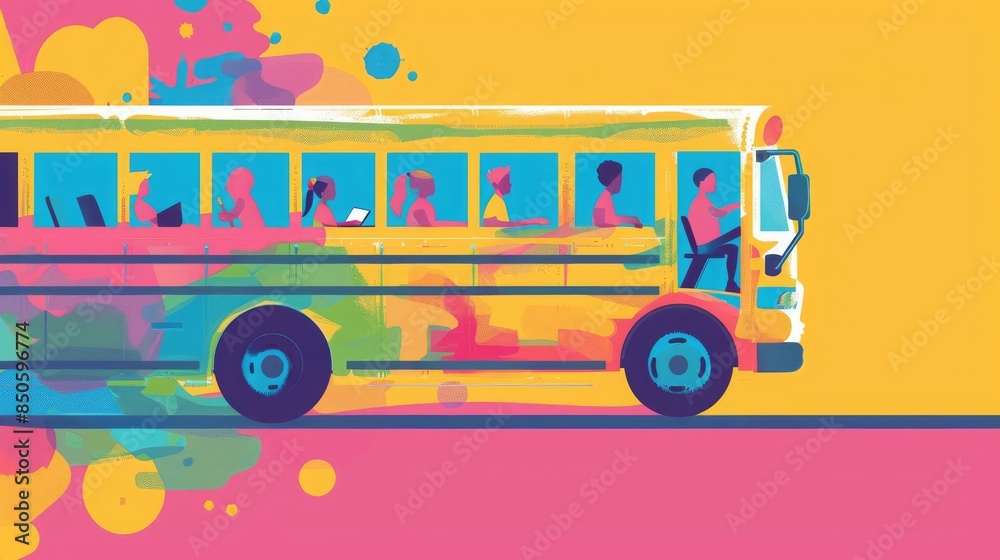 students on school bus flat design side view safe journey theme water ...