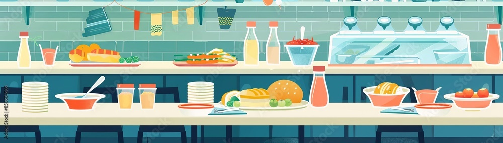 healthy eating at school flat design side view cafeteria lunch theme ...