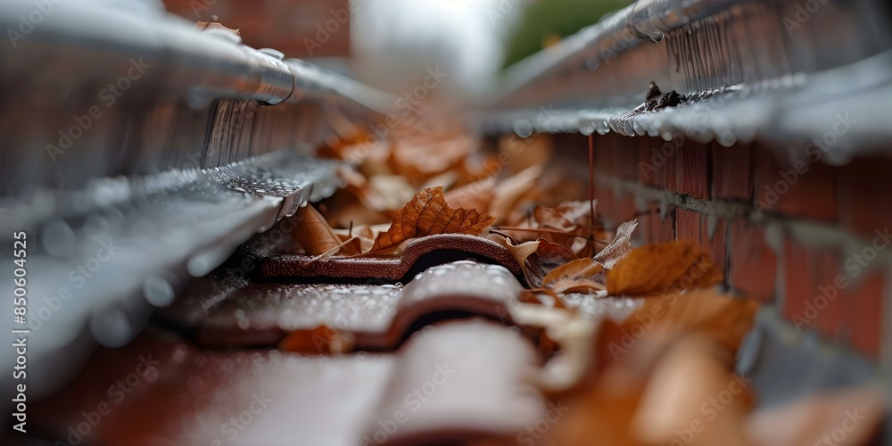 Metal gutter clogged with leaves on red brick roof causing drainage ...
