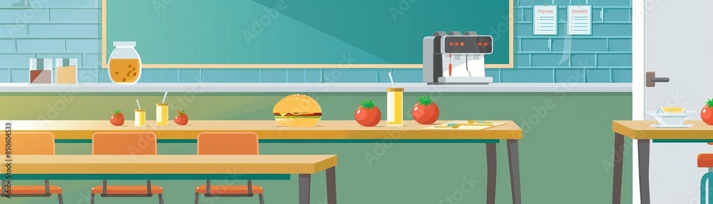 healthy eating at school flat design side view cafeteria lunch theme ...
