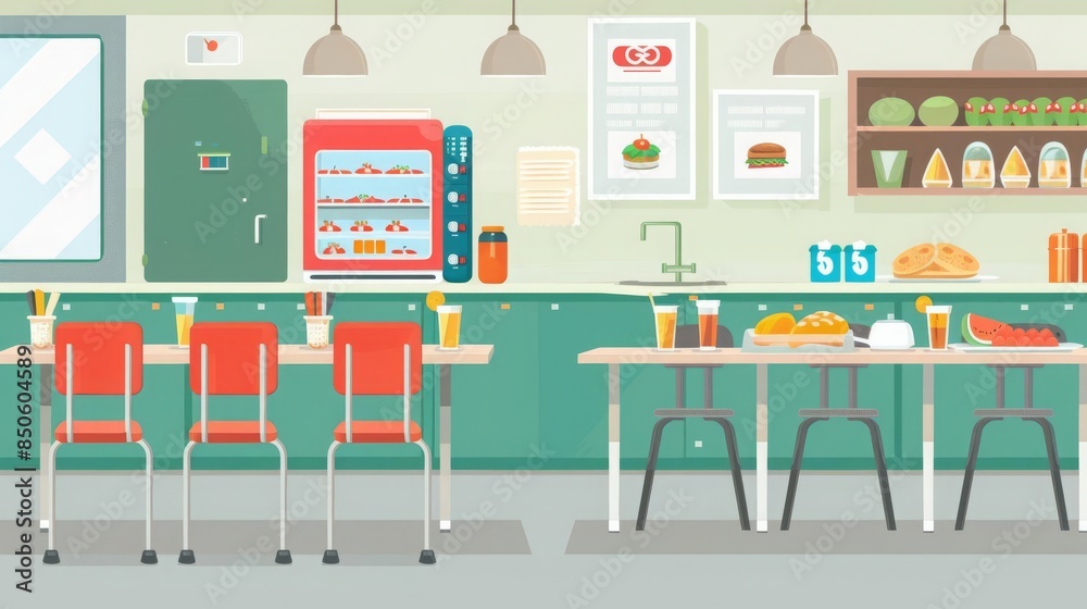 healthy eating at school flat design side view cafeteria lunch theme ...
