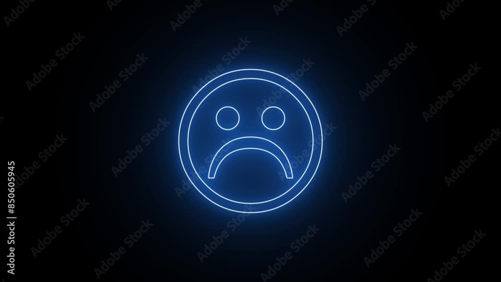 Glowing neon sadness symbol blinking animation. Sad emoji facial ...