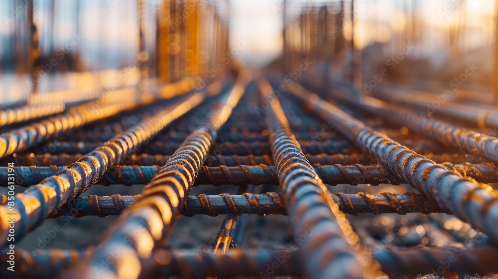 Rebar Grid in Golden Hour - Close-up shot of a rebar grid used in ...