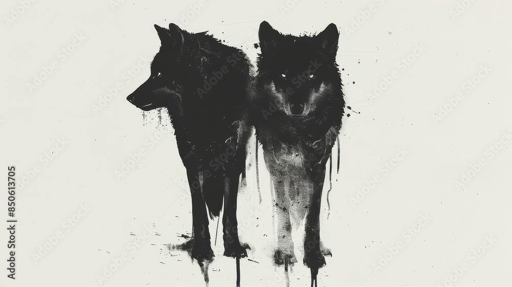Two Wolves Standing Side-By-Side in Black and White - Two black wolves ...