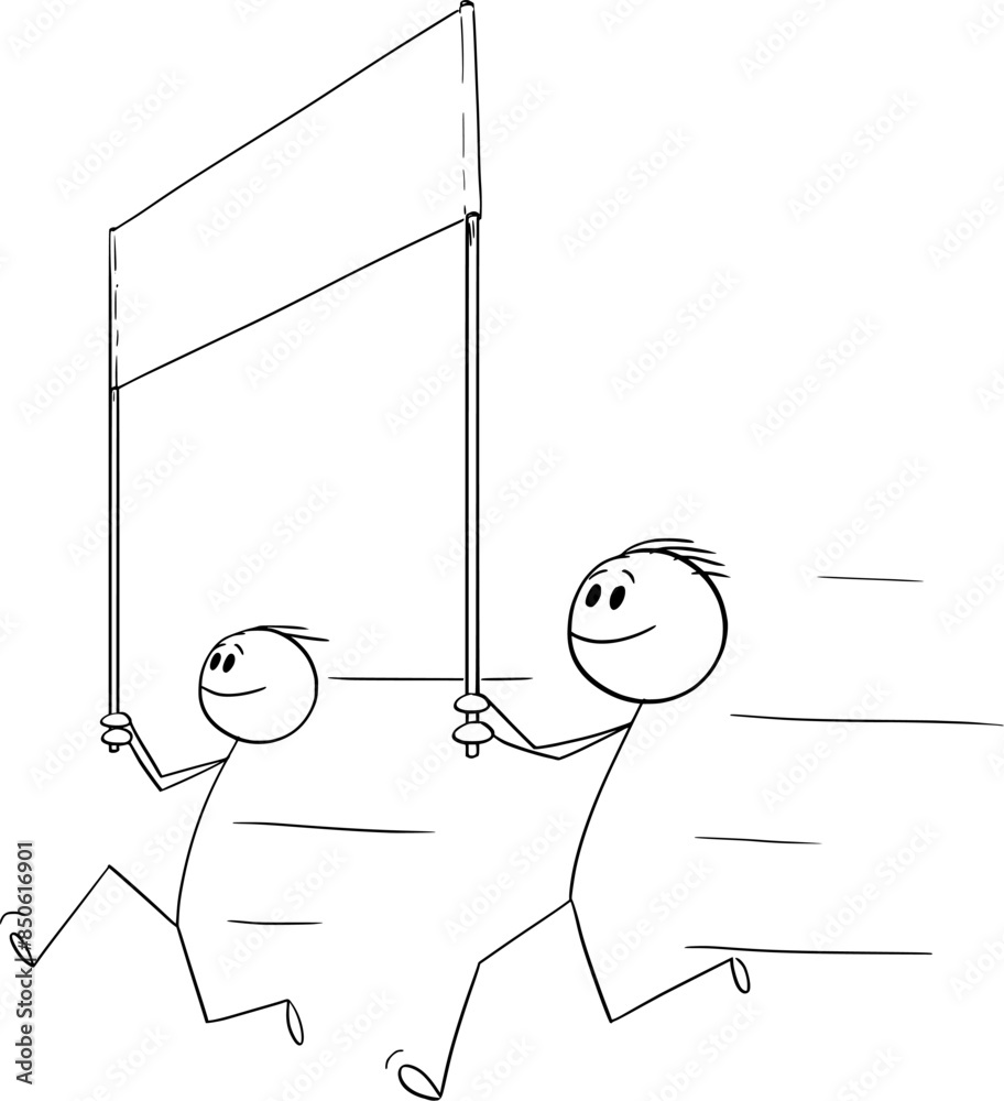 Two persons run with long sign, vector cartoon stick figure or ...