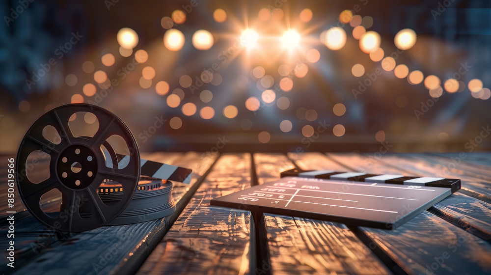 Movie set background with blurred lights, film reel, and clapboard on a ...