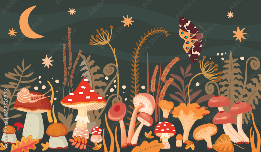 Night landscape with mushrooms, snail and flying moth.Colorful magical ...