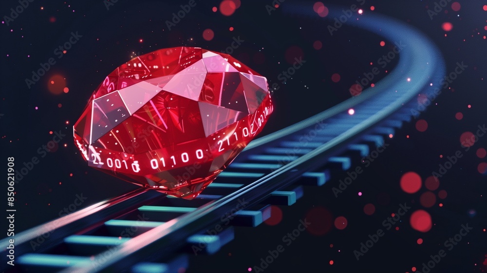 Ruby stone placed on a rail track, symbolizing the Ruby on Rails programming language. This ...