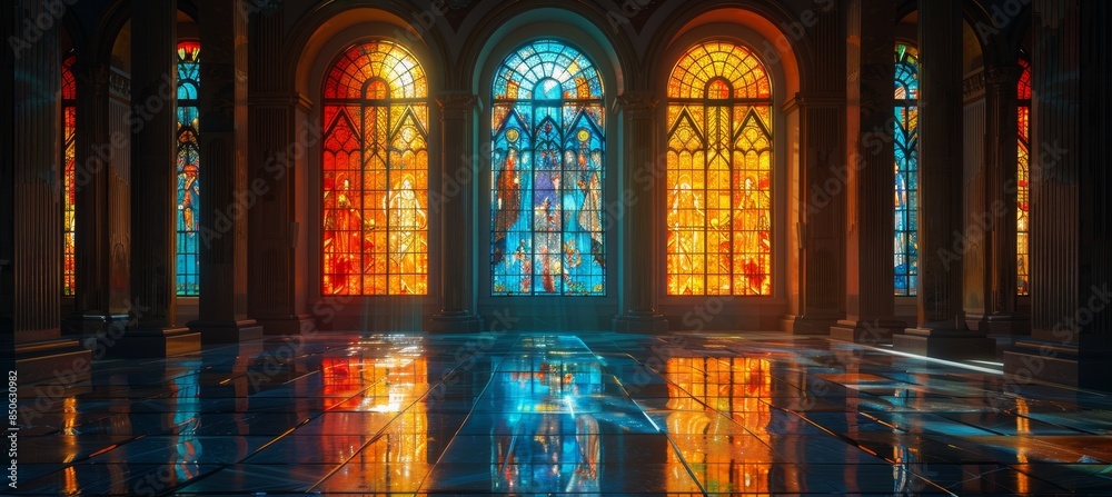 Dark Wall with Inset Molding and Church Stained Glass in Interior ...