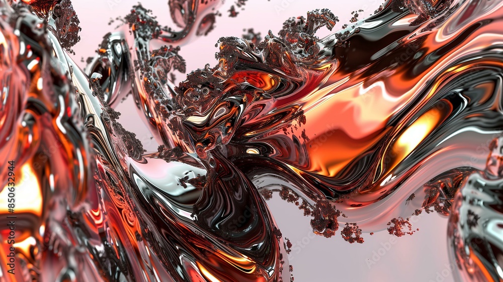 Abstract liquid metallic shapes with fiery red and reflective silver ...