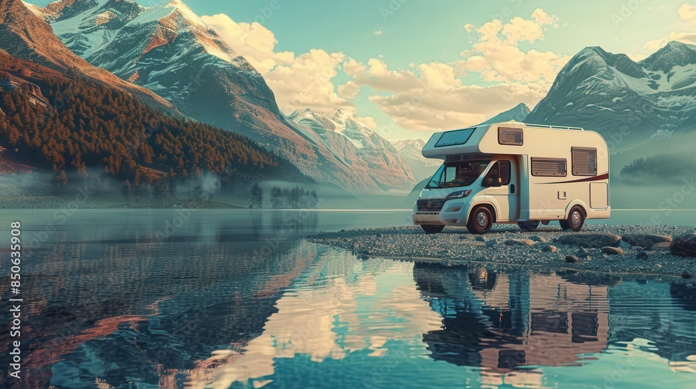 campervan at lake flat design front view nature journey 3D render ...