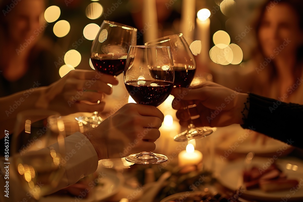 Friends drinking red wine. People clinking glasses with wine above ...