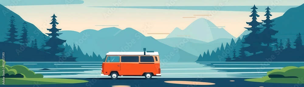 nature trip flat design side view campervan by water animation ...