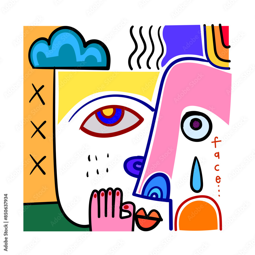 Abstract face portraits geometric, shapes, doodle , decorative hand ...