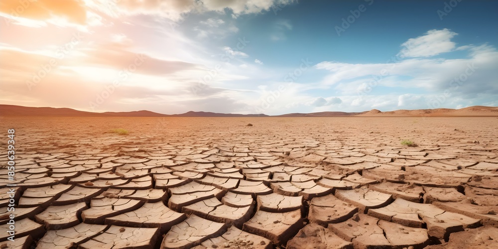 Cracked earth in dry desert landscape under cloudy sky due to water ...