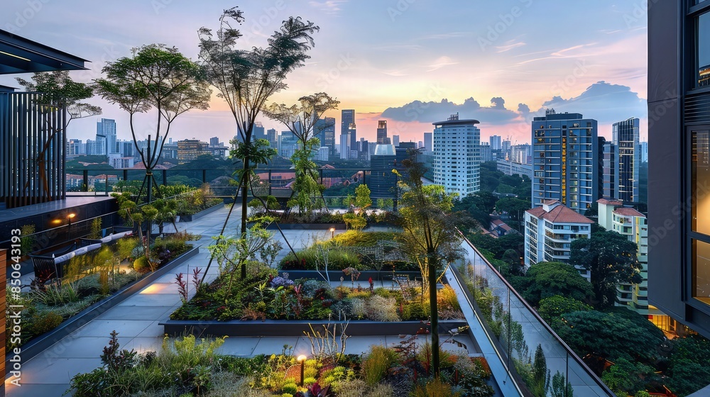 A lush rooftop garden atop a high-rise hotel, filled with native plants ...