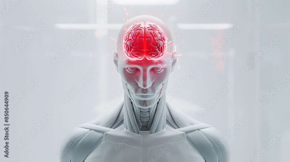 A medical figure with the brain highlighted in bright red, showcased ...