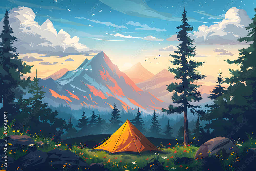 Nature camp landscape with tents, campfire, backpack, and lantern ...