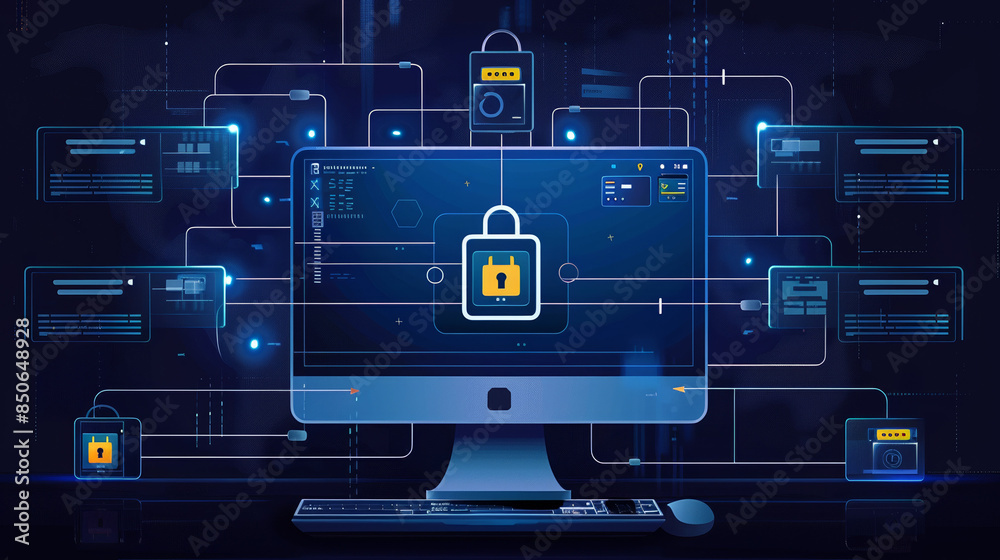 Illustration of a computer screen displaying an encryption process ...