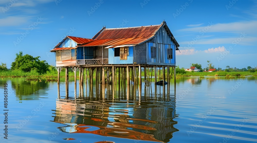 Stilt house, representing the unique architecture of Southeast Asia. Wooden house elevated on ...