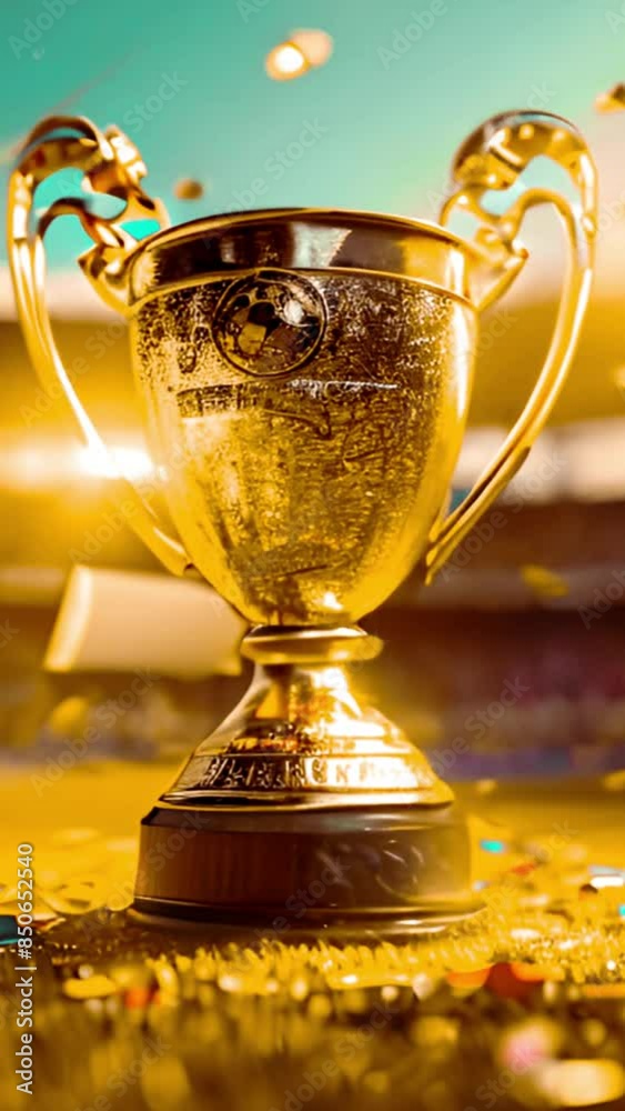 Gold champion trophy, Golden trophy with falling golden confetti ...