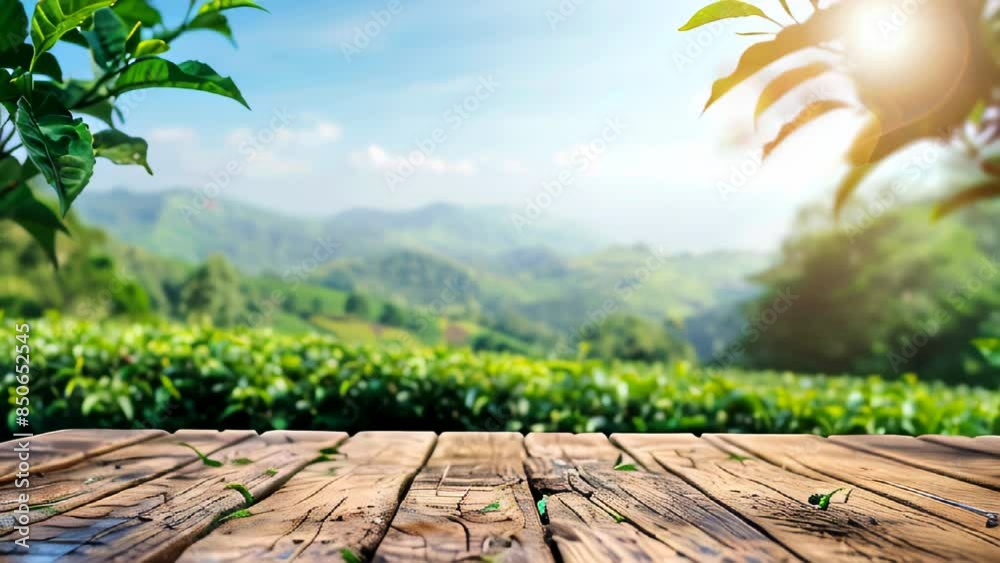 Wooden table top on blur rice tea field background in daytime, Harvest ...