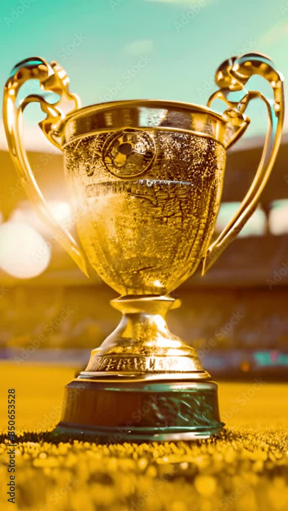 Gold champion trophy, Golden trophy with falling golden confetti ...