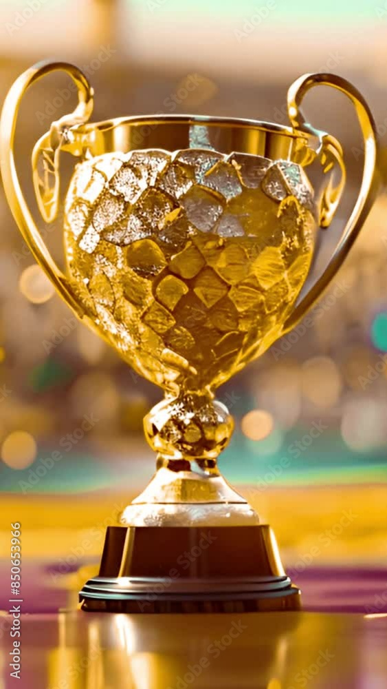 Gold champion trophy, Golden trophy with falling golden confetti ...
