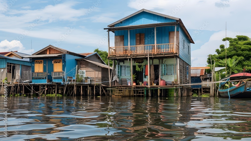 Stilt house, representing the unique architecture of Southeast Asia. Wooden house elevated on ...