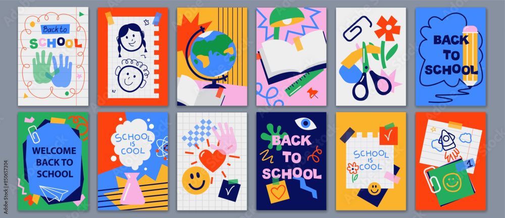 Back to school cards, backgrounds set. Simple flat style education ...