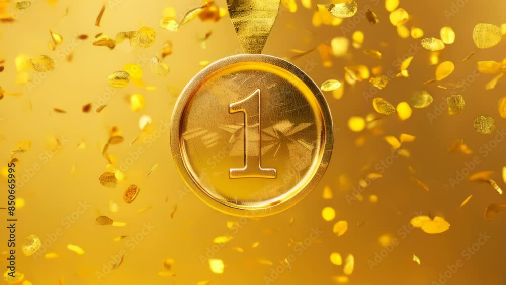 gold medal with number one for 1st place laurel wreath on festive gold ...