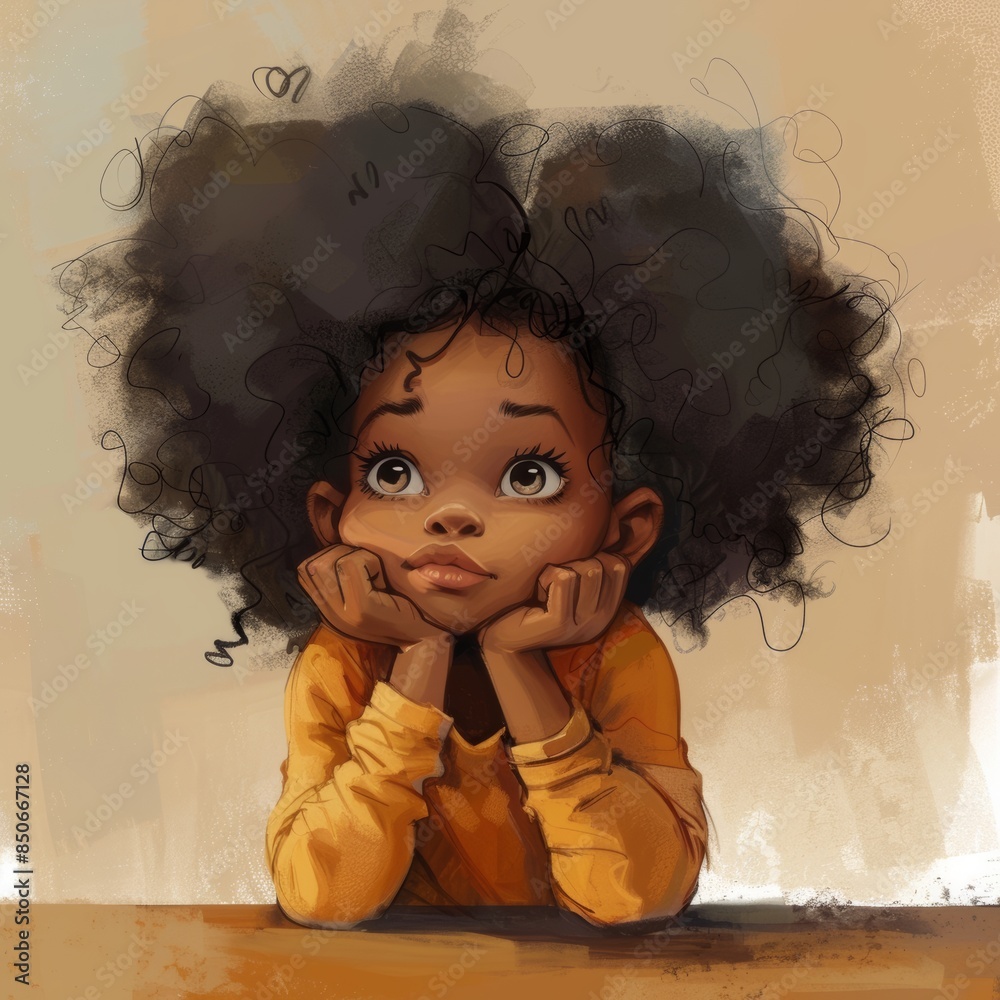 This Cartoon Illustration Shows A Black Girl In A Thinking And Doubting Pose On An Abstract