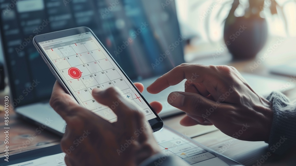 Close-up of hands using a smartphone to check a calendar app, planning ...