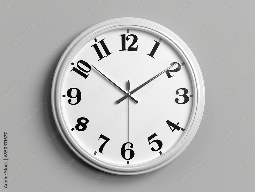 Classic white wall clock with bold black numbers on a grey background ...