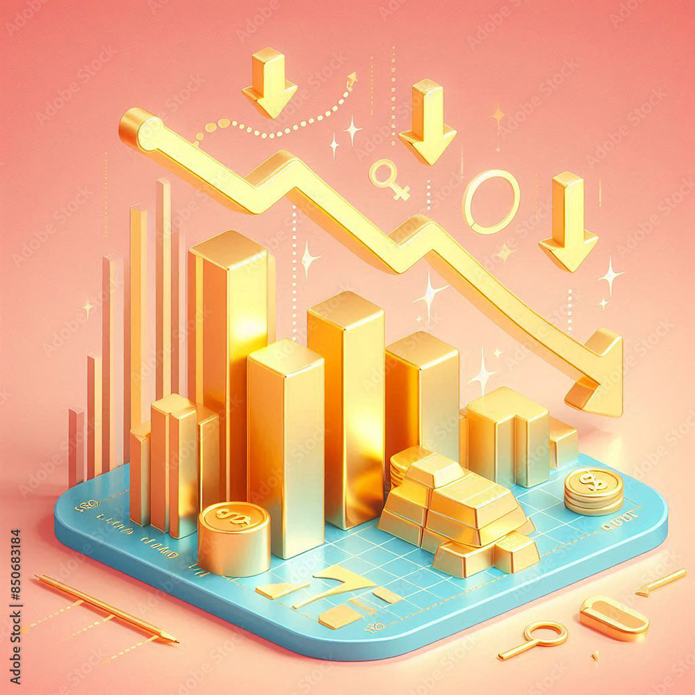 3D Simplified icons of downward trending arrows over a bar graph, clear ...