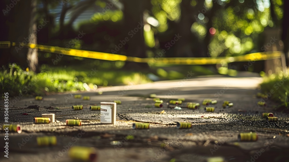 Crime scene with police tape and evidence markers, highlighting the ...