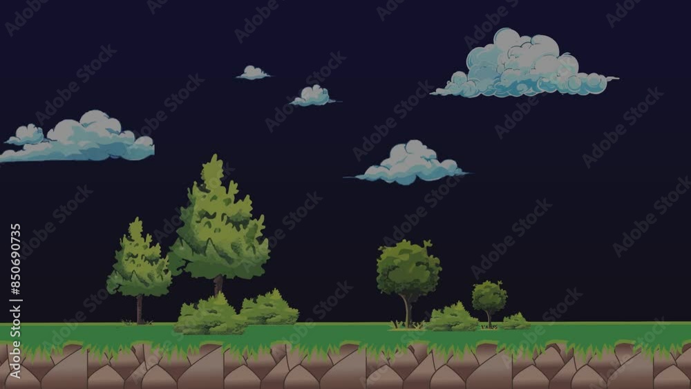 game background. Ground, grass, sky, tree and stars. 2D Game Platform ...