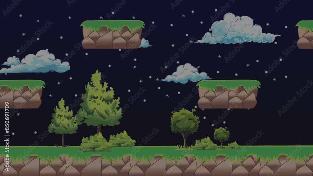 game background. Ground, grass, sky, tree and stars. 2D Game Platform ...