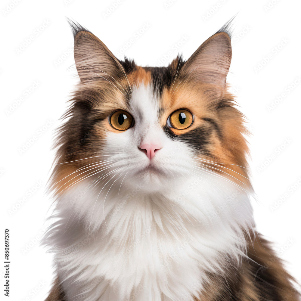 Longhair calico cat, funny face close up, isolated on transparent ...