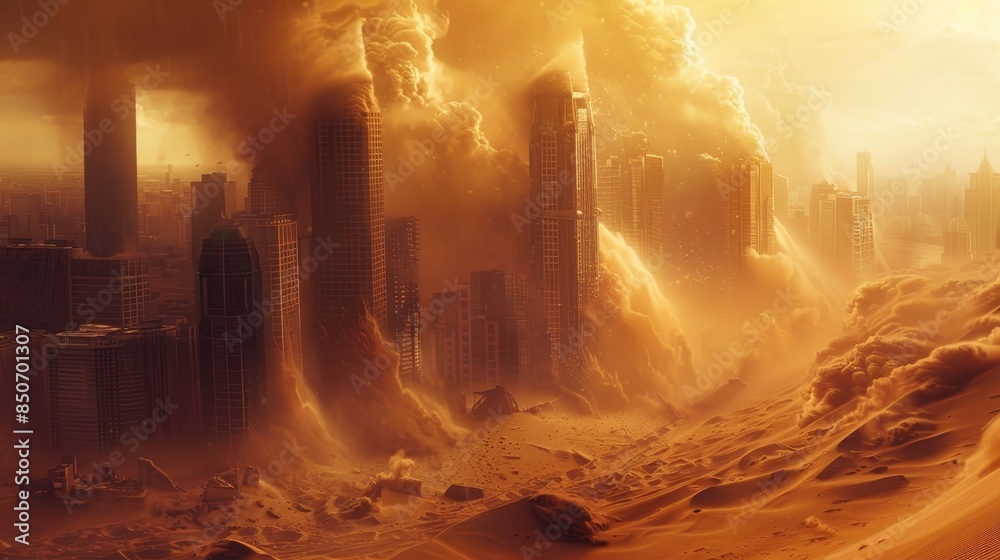 Sandstorm apocalypse with massive sand waves, futuristic skyscrapers ...