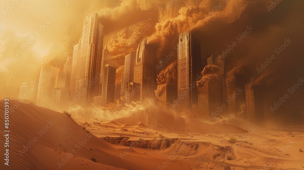 Sandstorm apocalypse with massive sand waves, futuristic skyscrapers ...