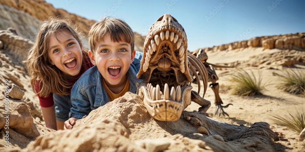 Dinosaur fossil. Kids dig skeleton. Archaeologist fun. Happy children ...