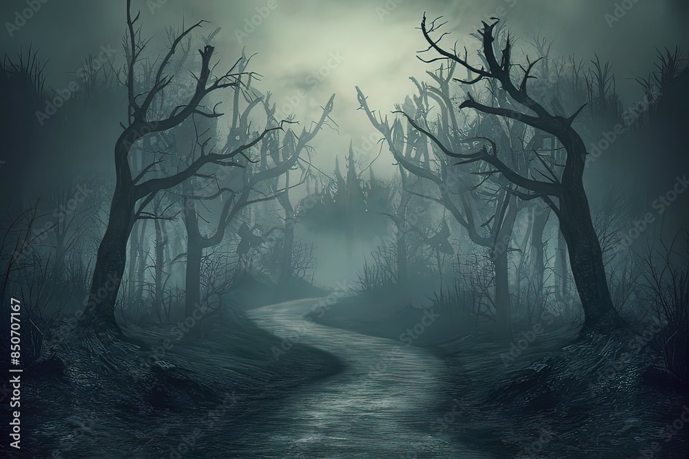 Landscape of haunted mist forest with pathway dark background, creepy ...