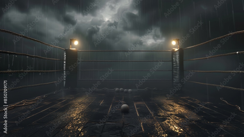 Moody outdoor boxing ring under stormy night sky, with lamps ...