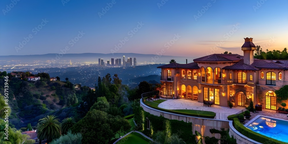 Aerial view of a luxurious mansion in Los Angeles with scenic city ...